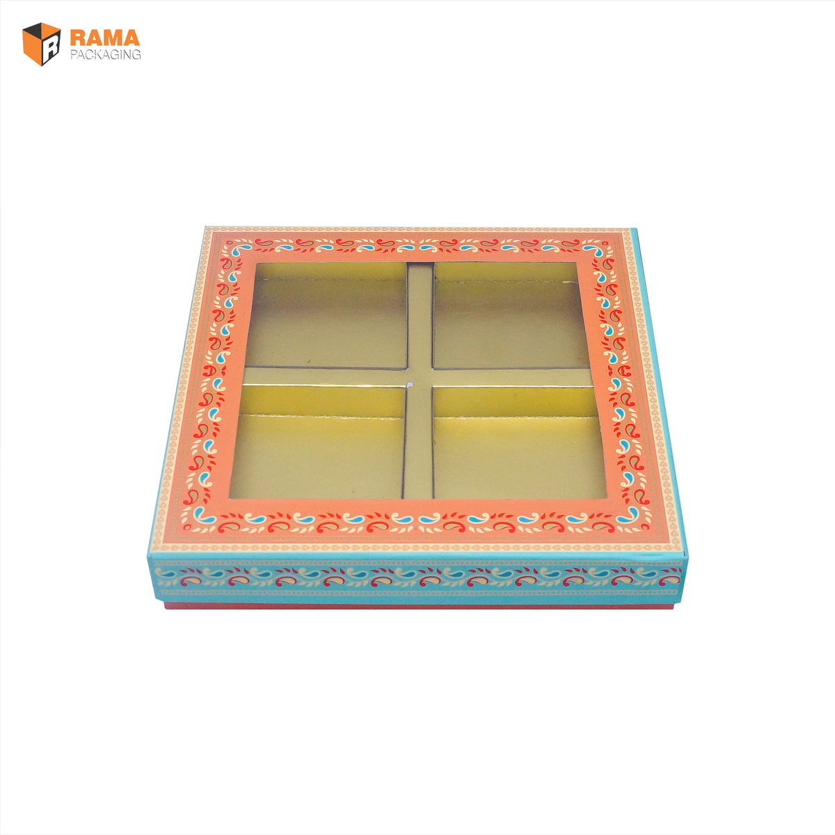 KALAMKARI DESIGN 4 KHANA RIGID BOX WITH WINDOW | ( ORANGE ) | ( 9" x 9 ...