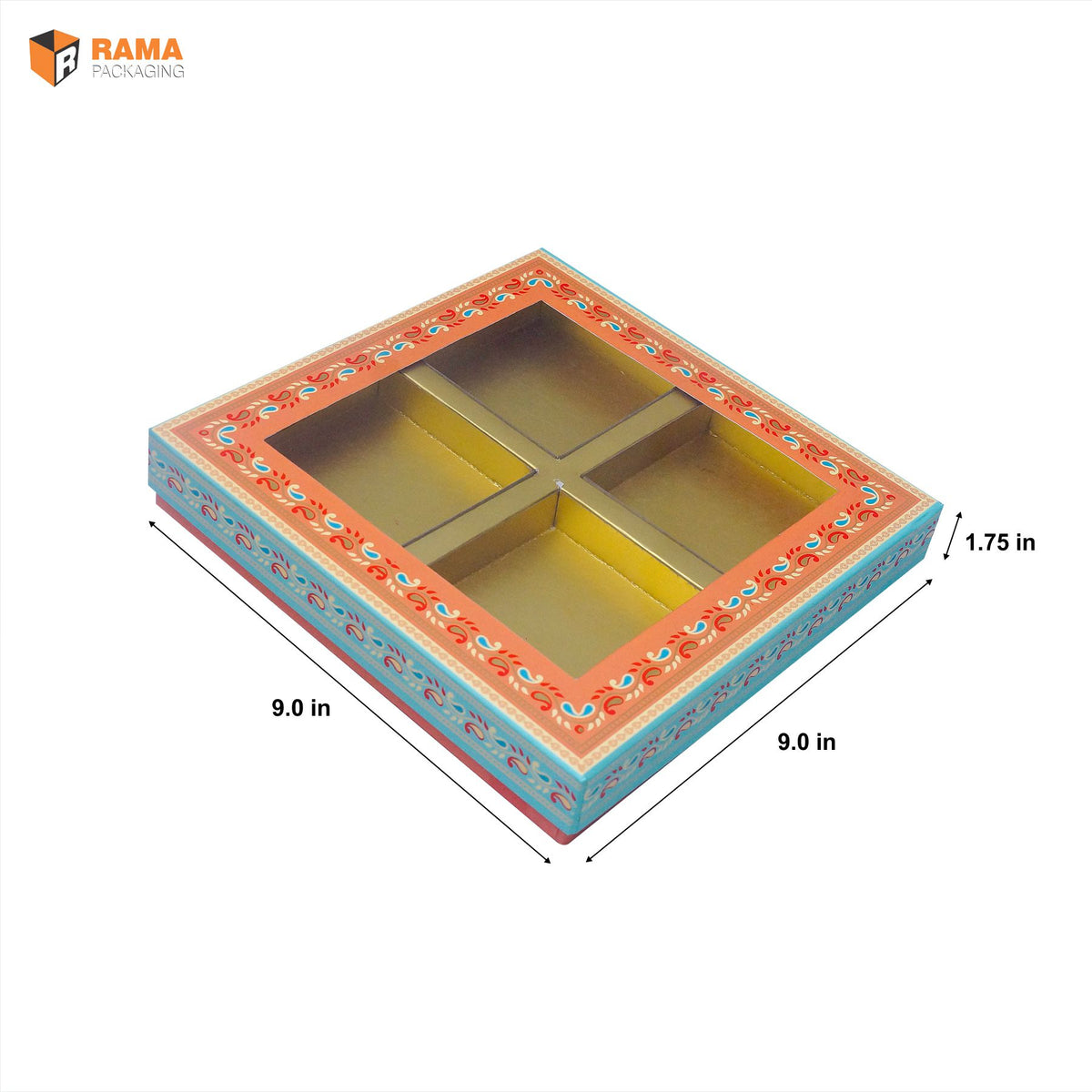 KALAMKARI DESIGN 4 KHANA RIGID BOX WITH WINDOW | ( ORANGE ) | ( 9" x 9 ...