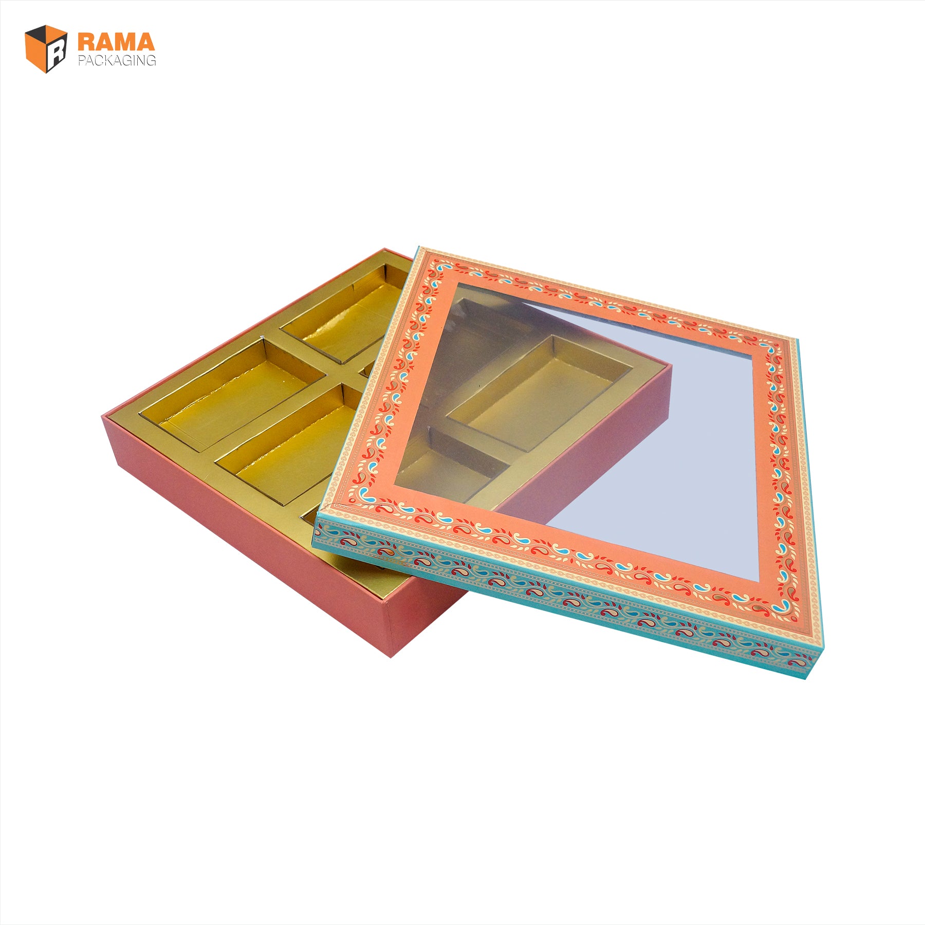 KALAMKARI DESIGN 6 KHANA RIGID BOX WITH WINDOW | ( ORANGE ) | ( 11" x ...